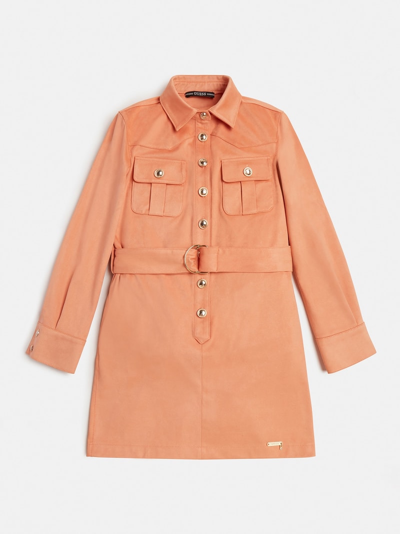 GUESS® LOGO BUTTON FAUX SUEDE DRESS