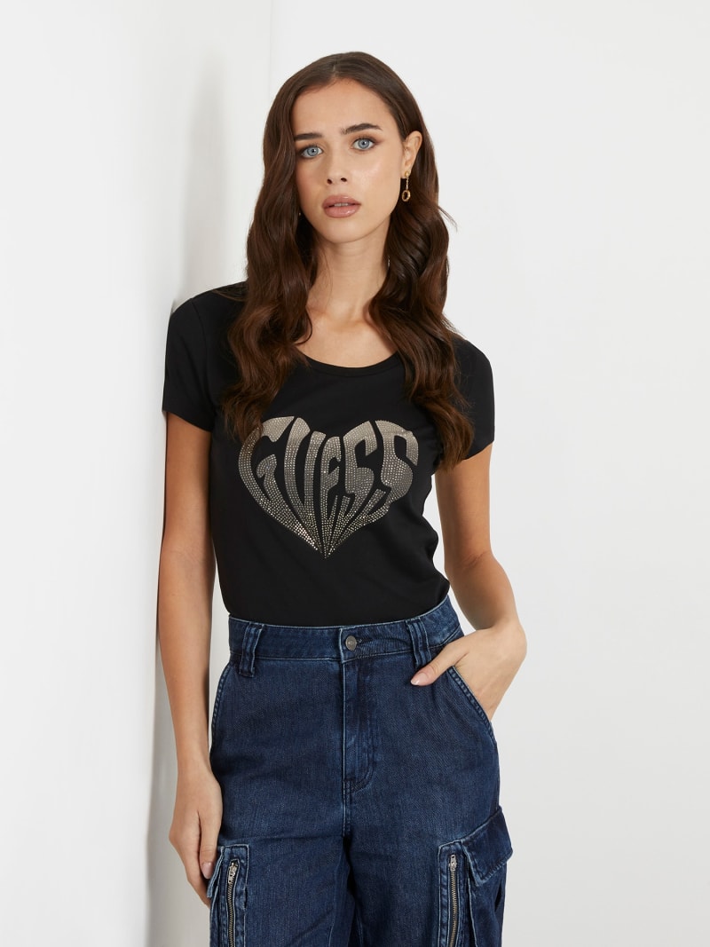 GUESS® T-shirt stretch avec logo frontal strass Femme
