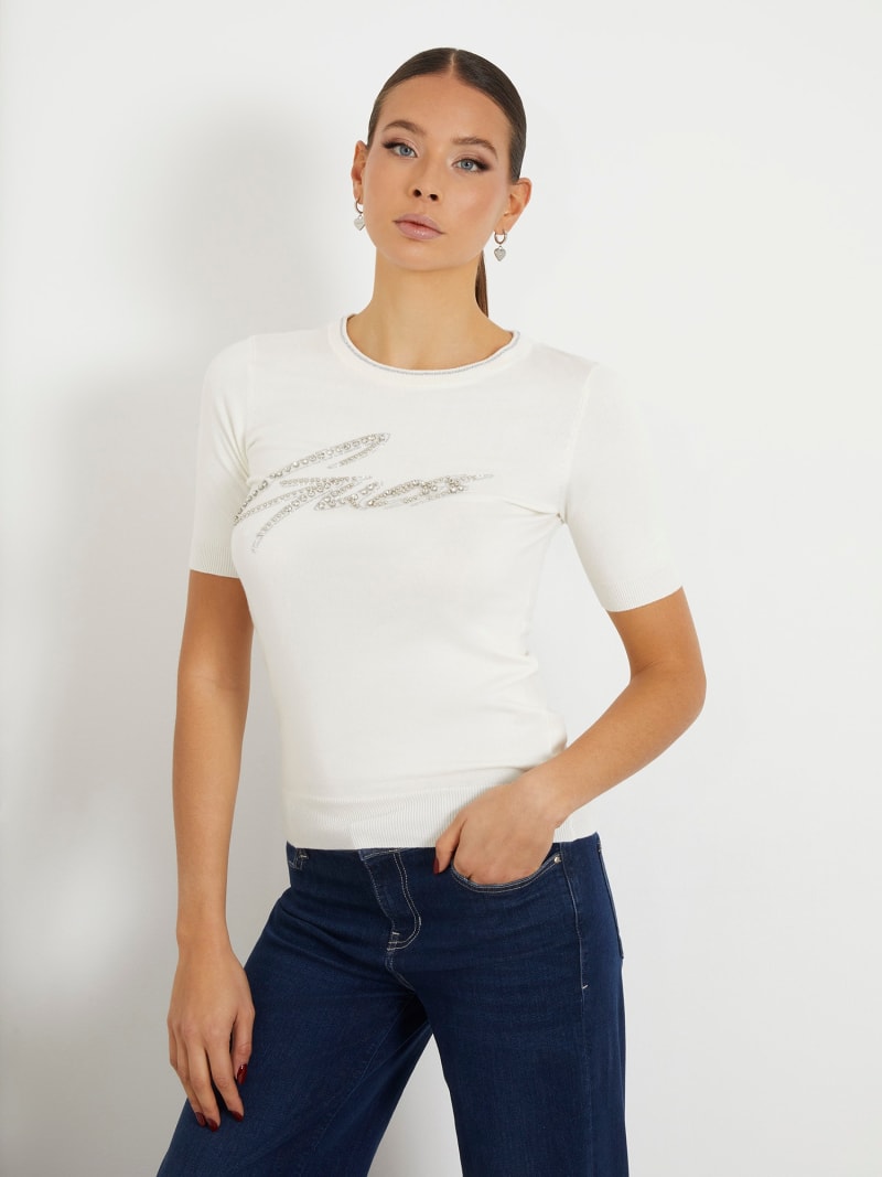 GUESS® Rhinestones front logo sweater top Women