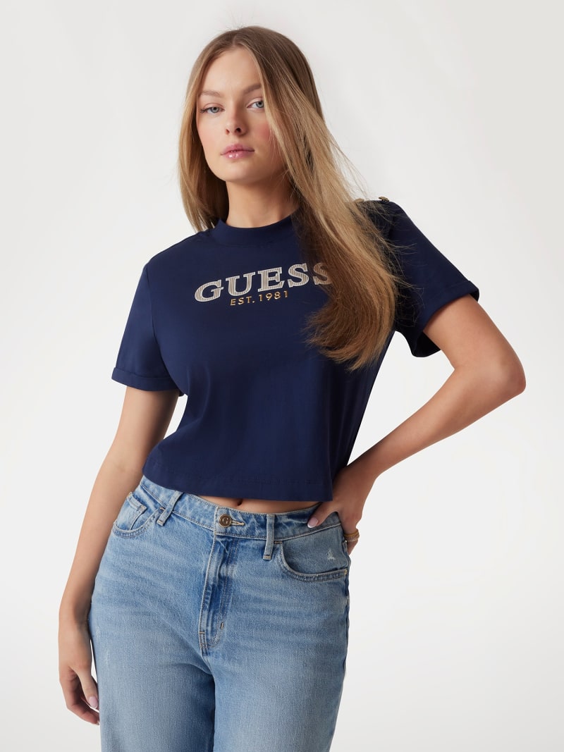 GUESS® Krótki t-shirt z logo fason boxy Kobieta