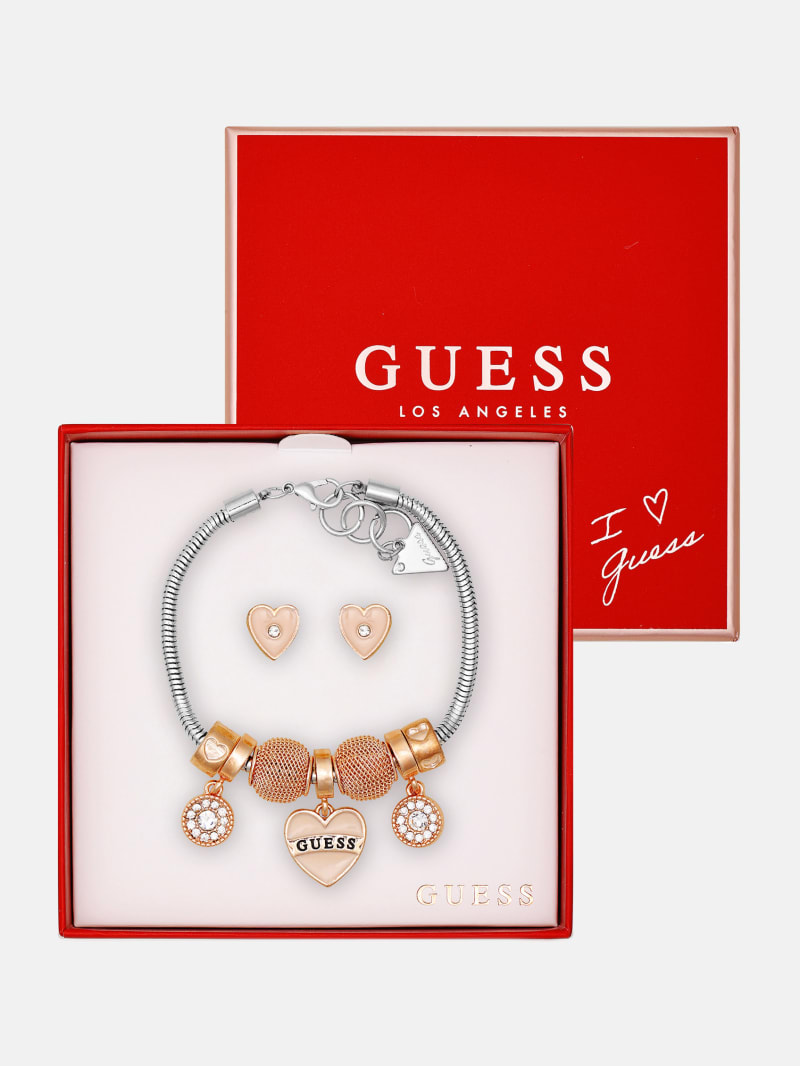 Mixed Tone Heart Charm Bracelet and Earrings Box Set