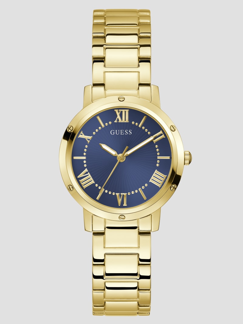 Gold-Tone and Navy Round Analog Watch | GUESS Canada