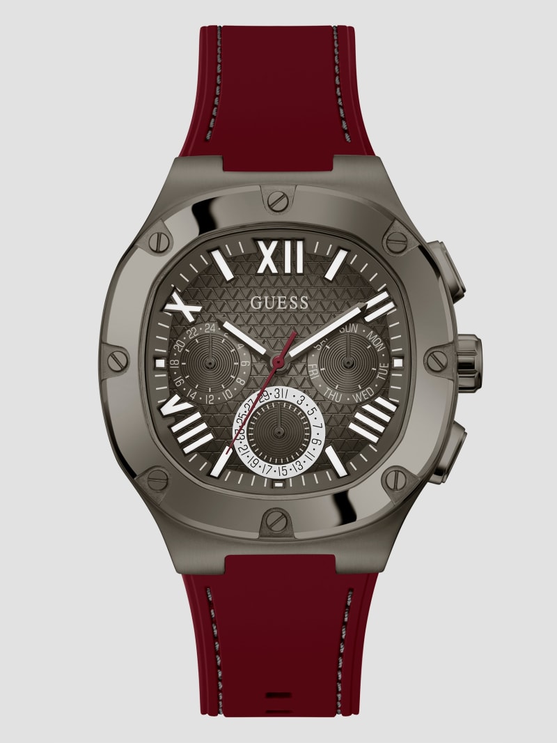 Dark Silver-Tone and Burgundy Silicone Multifunction Watch | GUESS