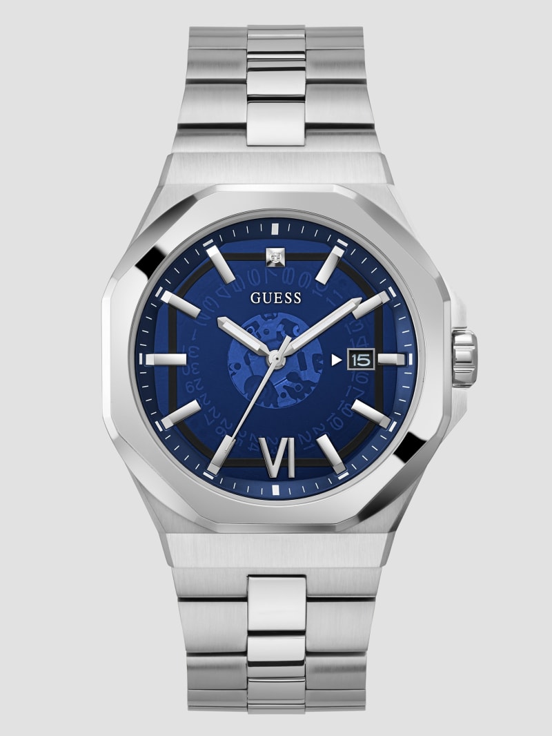 Silver-Tone and Blue Diamond Analog Watch | GUESS Factory