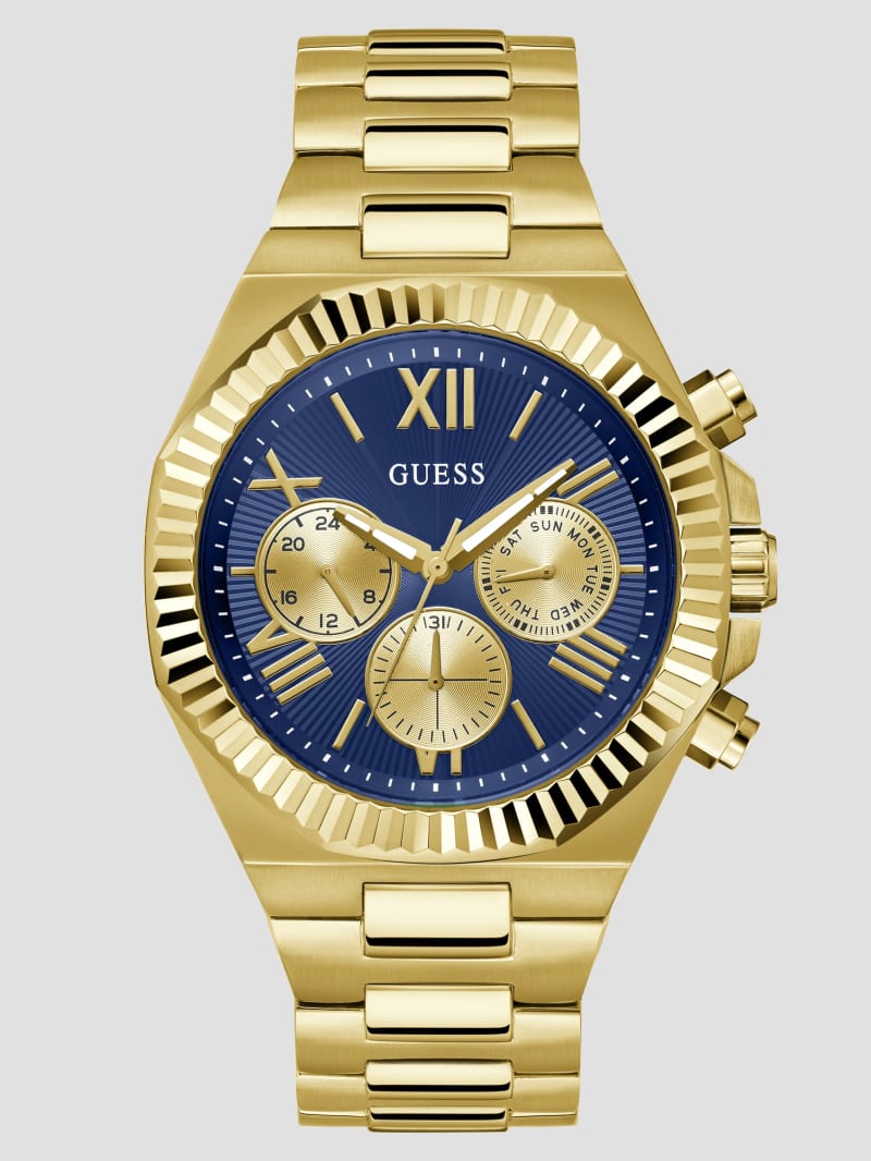 Ridged Gold-Tone and Blue Multifunction Watch | GUESS Canada