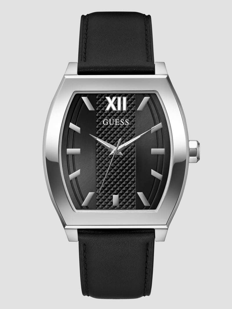 Silver-Tone and Black Leather Analog Watch | GUESS