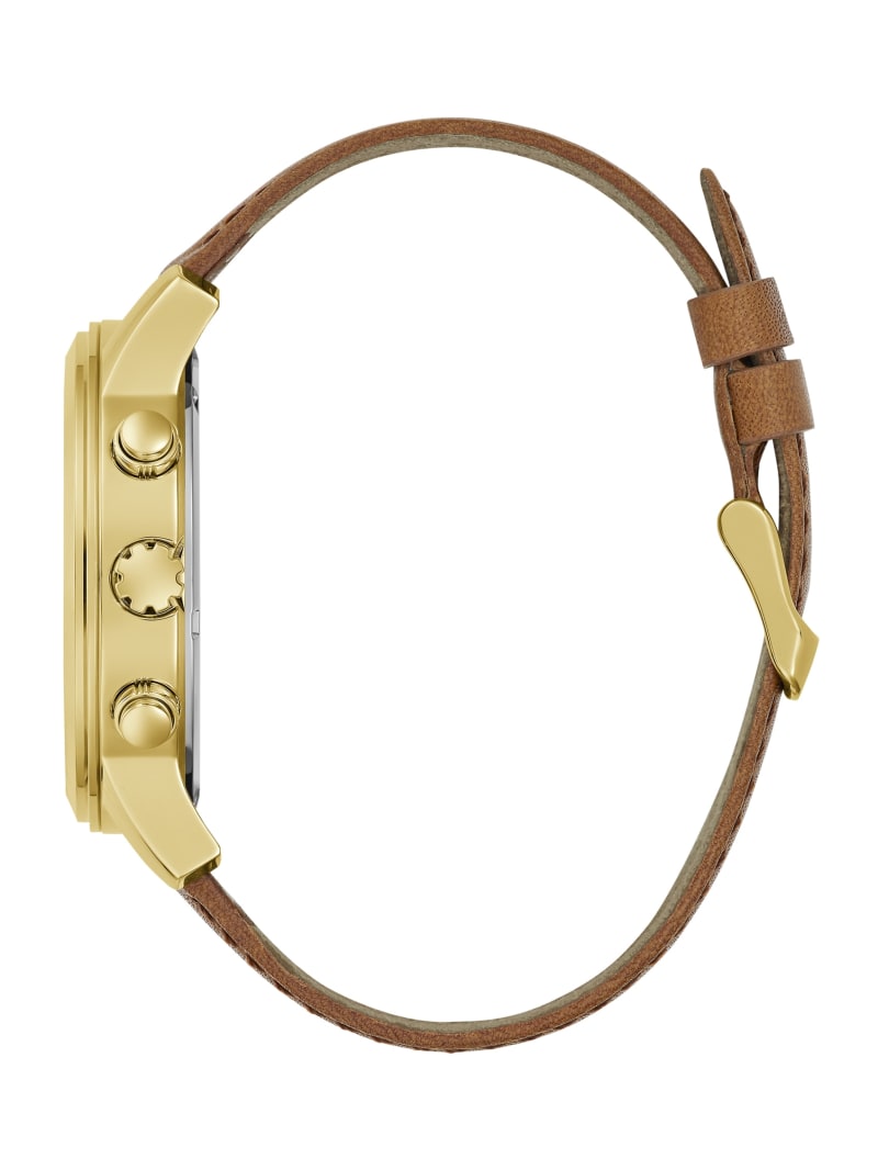 Gold-Tone and Brown Leather Multifunction Watch | GUESS