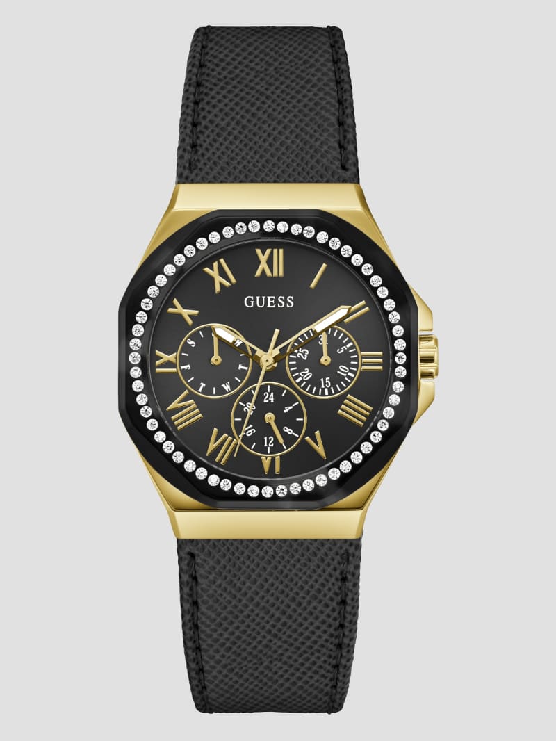 GUESS® Black Leather Chronograph Watch