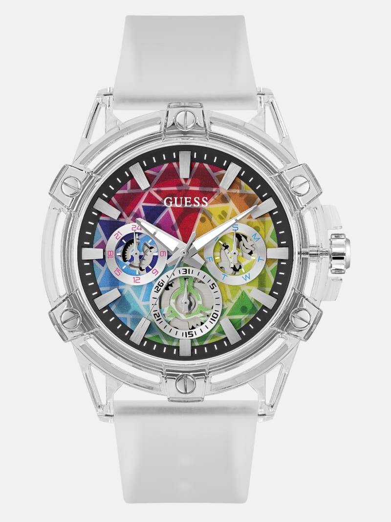 GUESS® Rainbow Mosaic and White Silicone Multifunction Watch