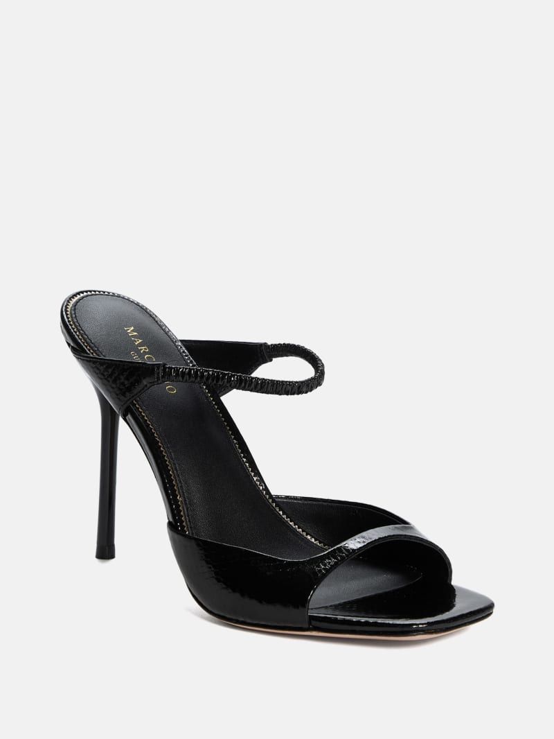 black leather stiletto sandals