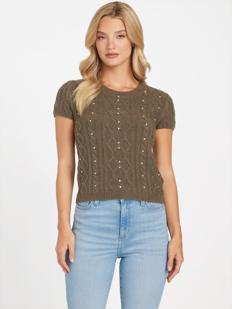 Vienna Cable-Knit Rhinestone Sweater | GUESS Factory