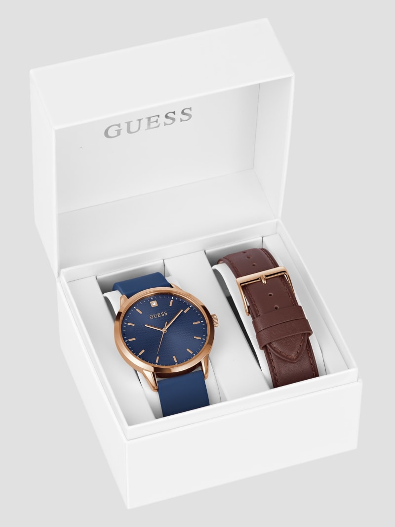 Blue and Rose Gold-Tone Analog Watch Box Set | GUESS Factory Ca