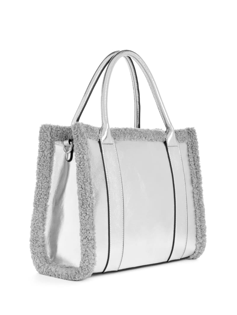 Biscoe Metallic Shearling Trim Tote | GUESS Factory
