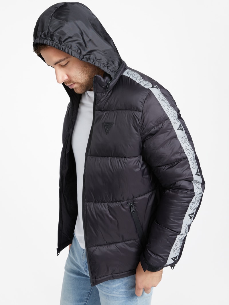 Martie Quilted Logo Tape Puffer Jacket | GUESS Factory Ca
