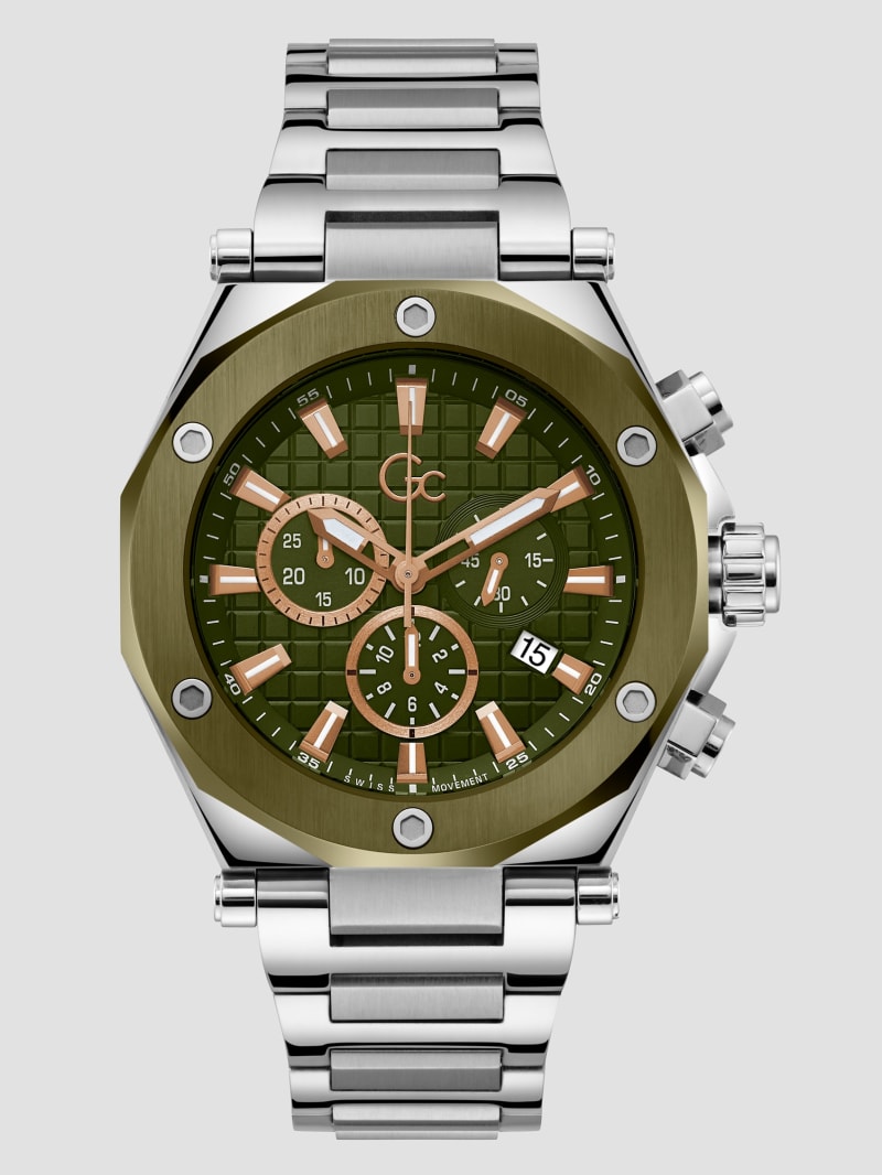 Gc Silver and Green-Tone Metal Chronograph Watch | GUESS