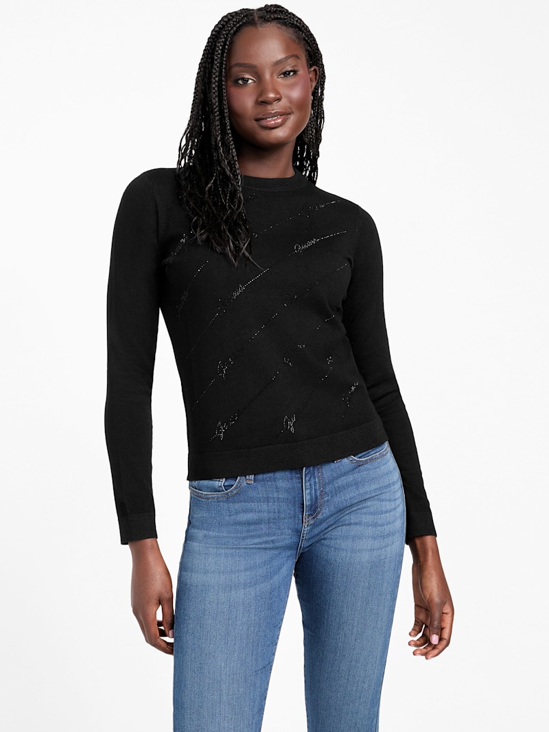 Peggy Rhinestone Logo Sweater | GUESS Factory